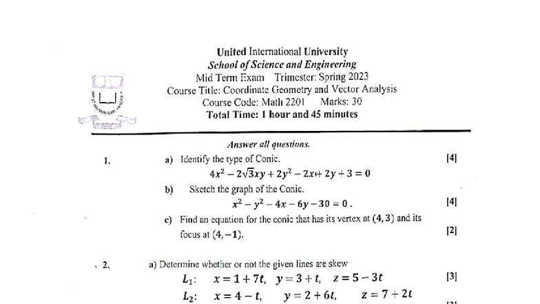 Math 2201 - Coordinate Geometry & Vector Analysis - Midterm Exam Spring ...