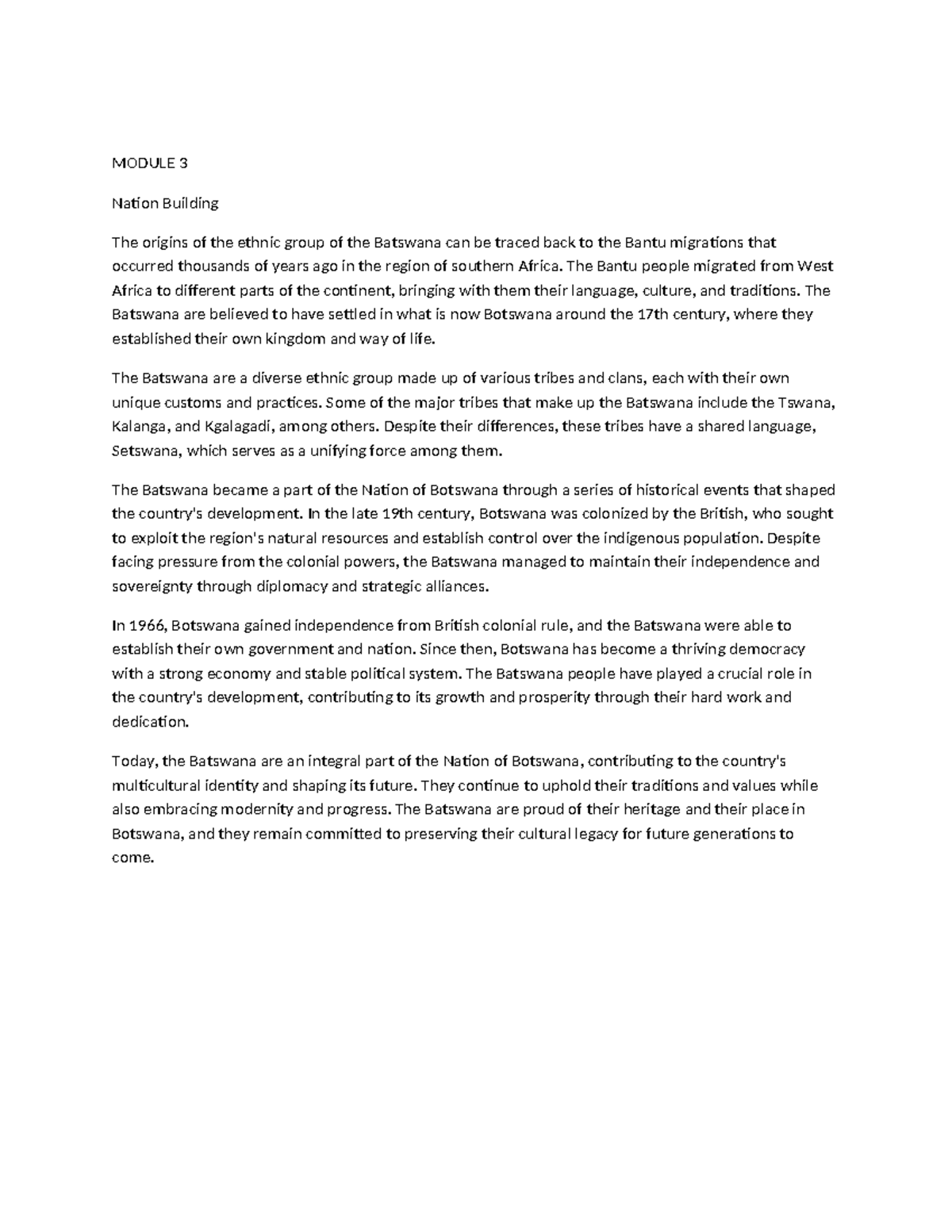 Module 3 - SS Bgcse: Nation Building & Batswana History Overview - Studocu