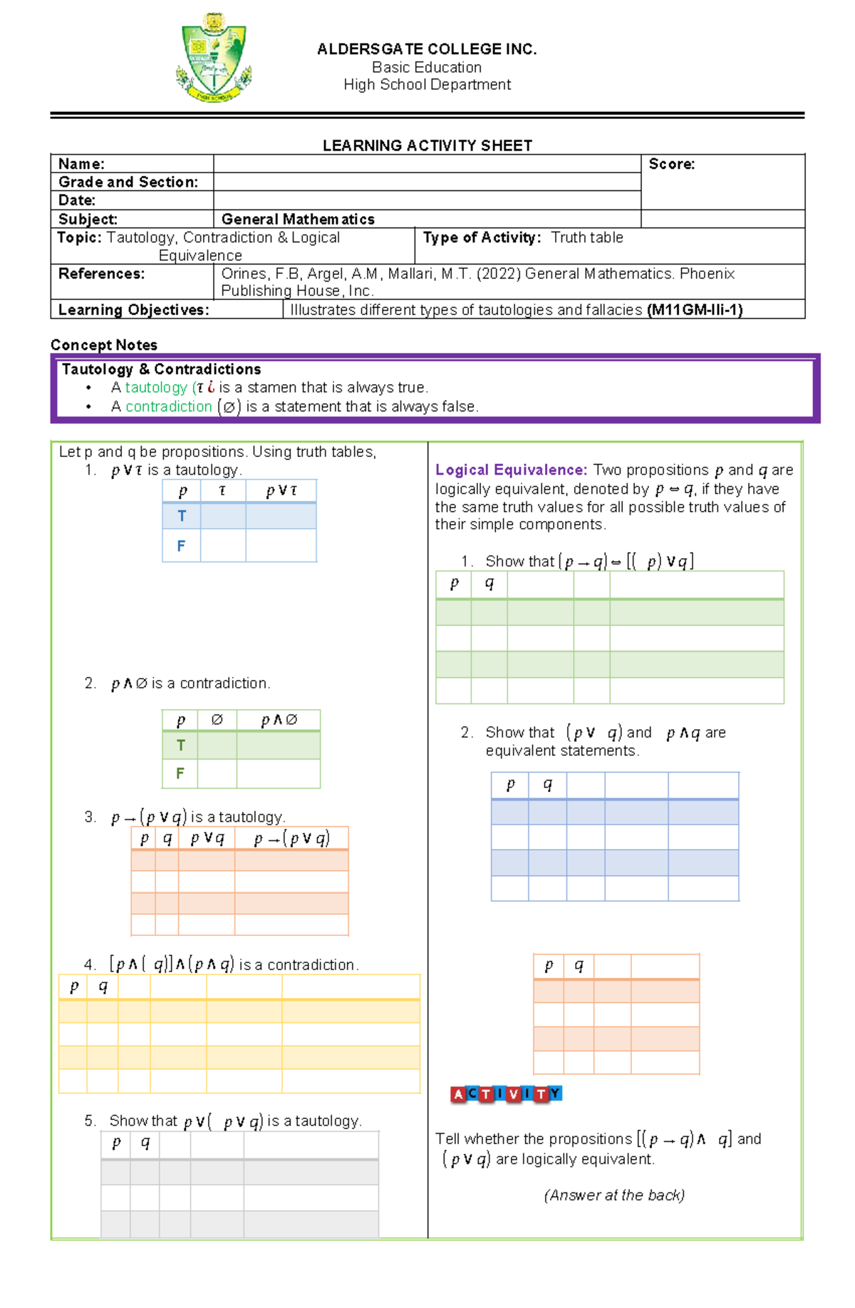 G11 LAS: Tautology and Contradiction in General Math - Studocu