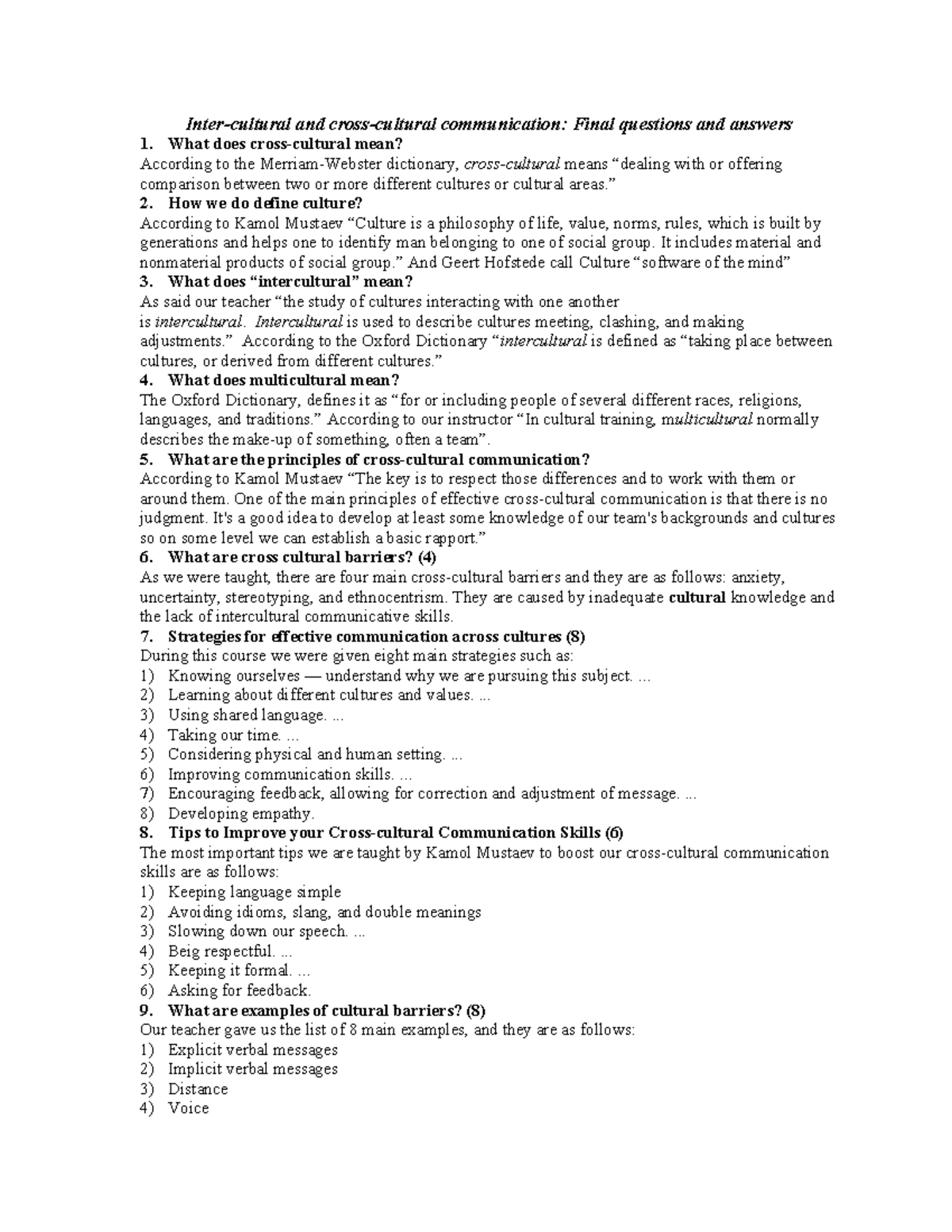 Communication: Final Exam Q&A on Intercultural Concepts - Studocu