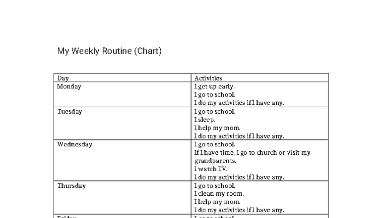 Weekly Routine Chart: Activities from Monday to Sunday - Studocu