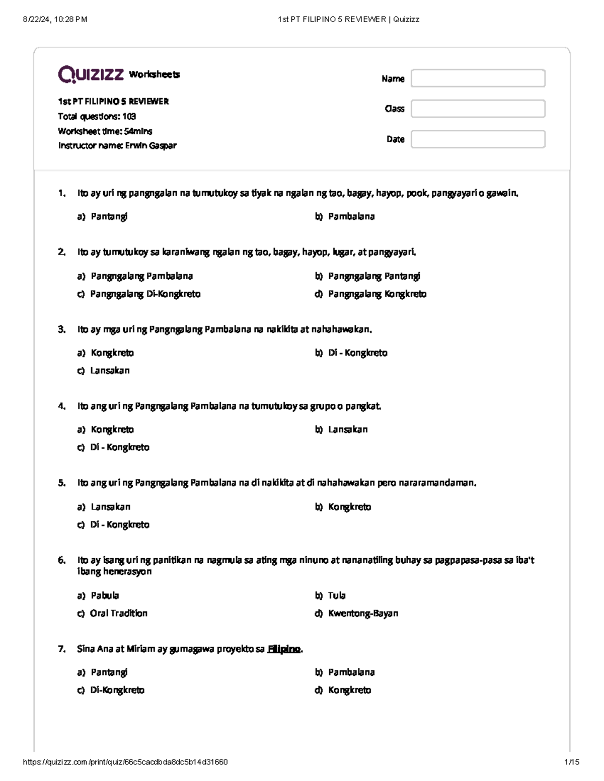 1st PT Filipino 5 Reviewer & Answer Keys for Quizizz - Studocu