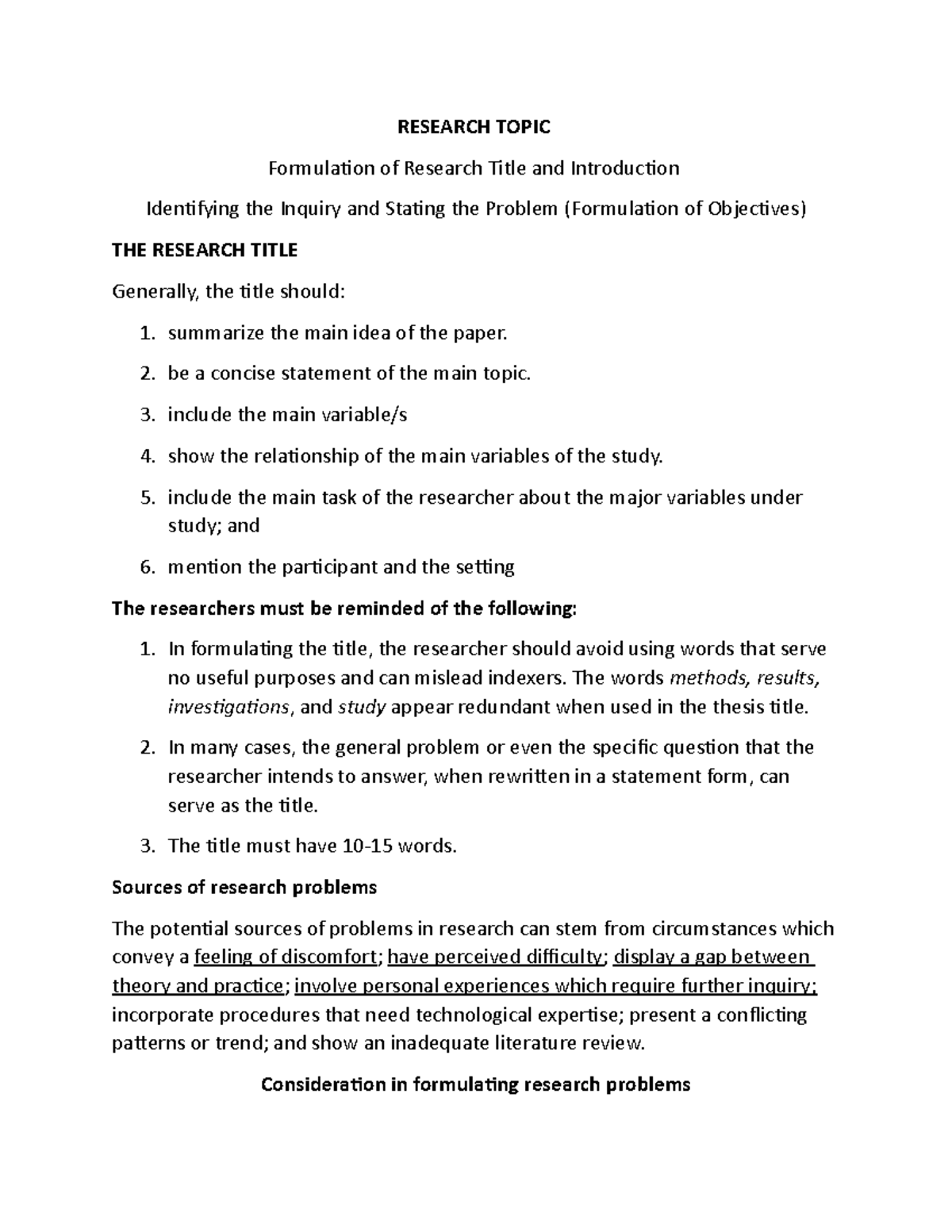 Research Topic - Lecture Notes on Title Formulation & Objectives - Studocu