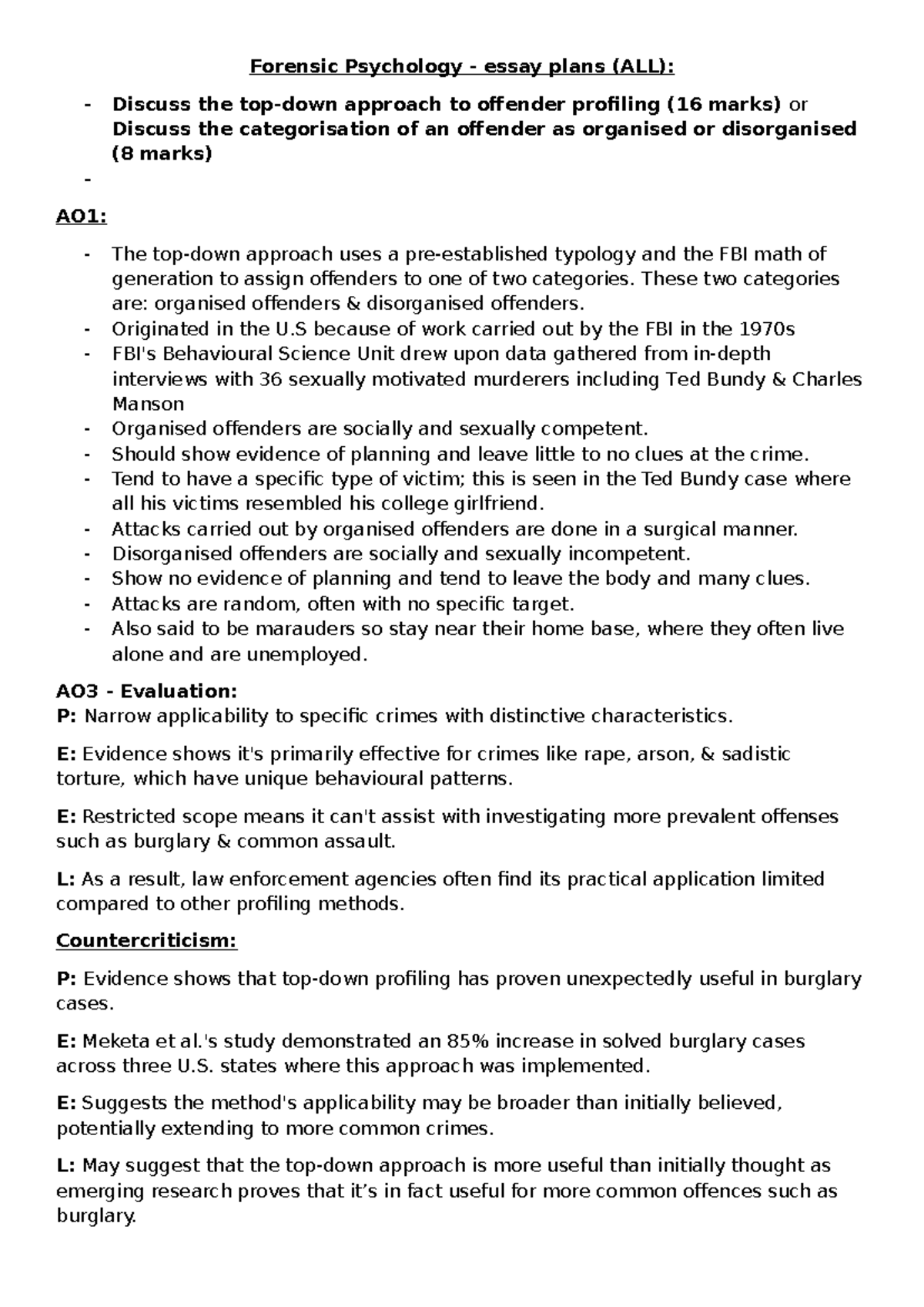 Forensic Psychology Essay Plans (ALL): Offender Profiling & Biological ...