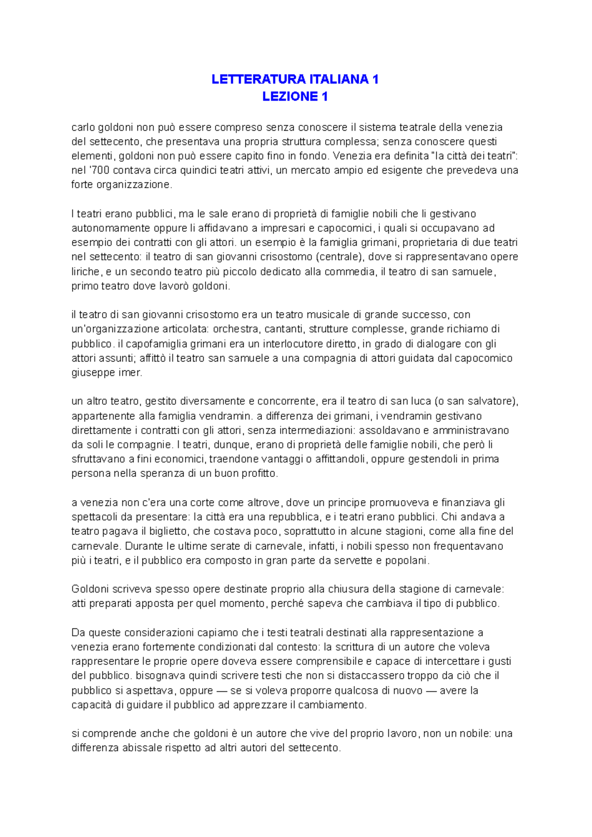 Lezione 1: Introduzione al Teatro Veneziano e Goldoni - Studocu