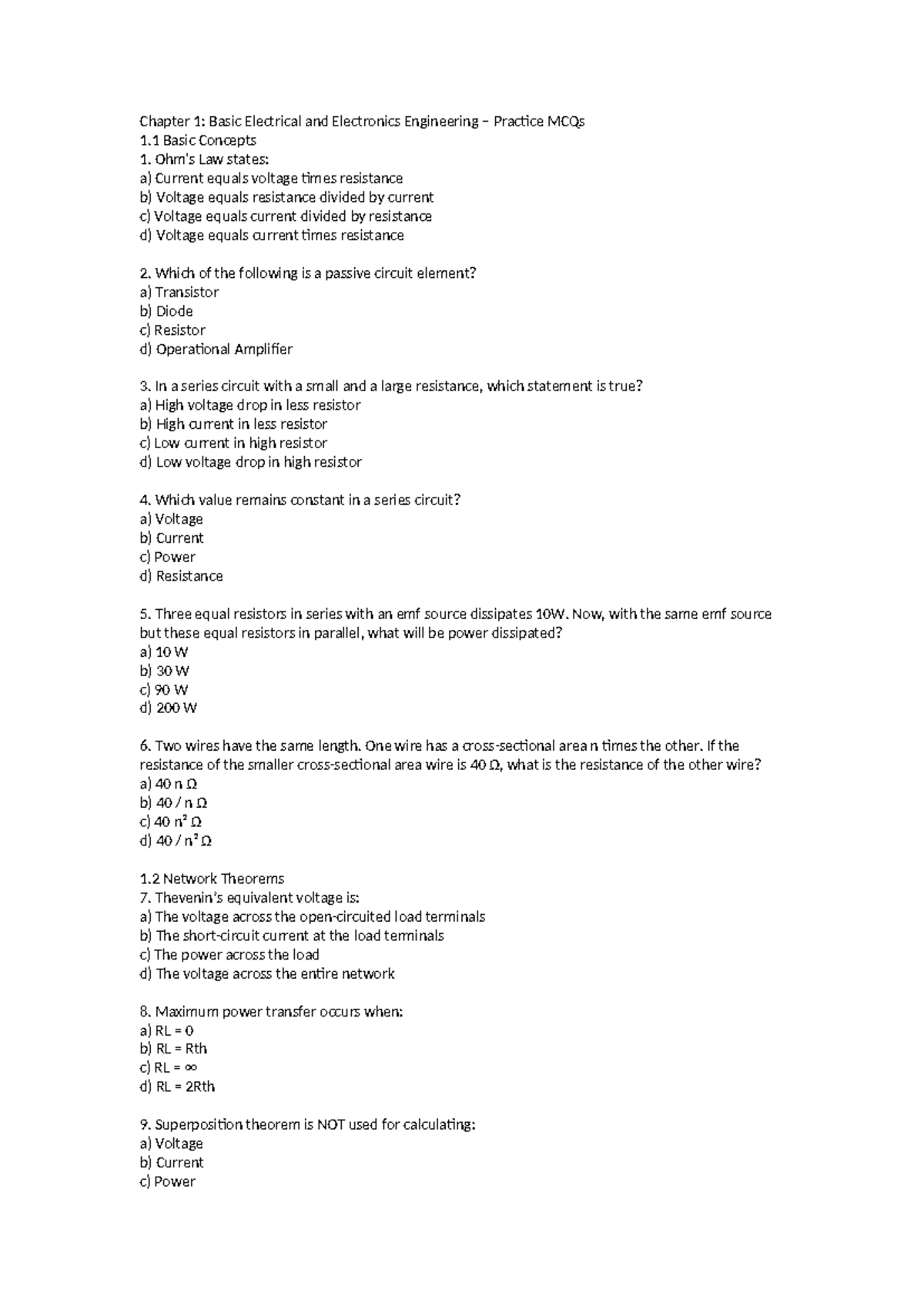 Chapter 1: MCQs on Basic Electrical & Electronics Engineering - Studocu