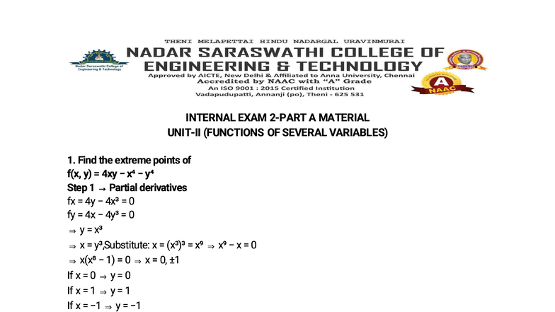 INTERNAL EXAM A: EXTREME POINTS & MULTIPLE INTEGRALS (CALCULUS) - Studocu