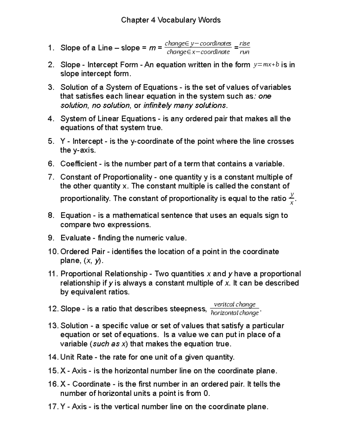 Chapter 4 Vocabulary Words for Linear Equations and Slope Concepts ...