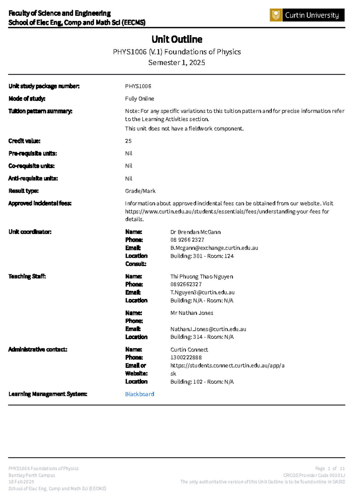 PHYS1006 Foundations of Physics Unit Outline - Semester 1 2025 - Studocu