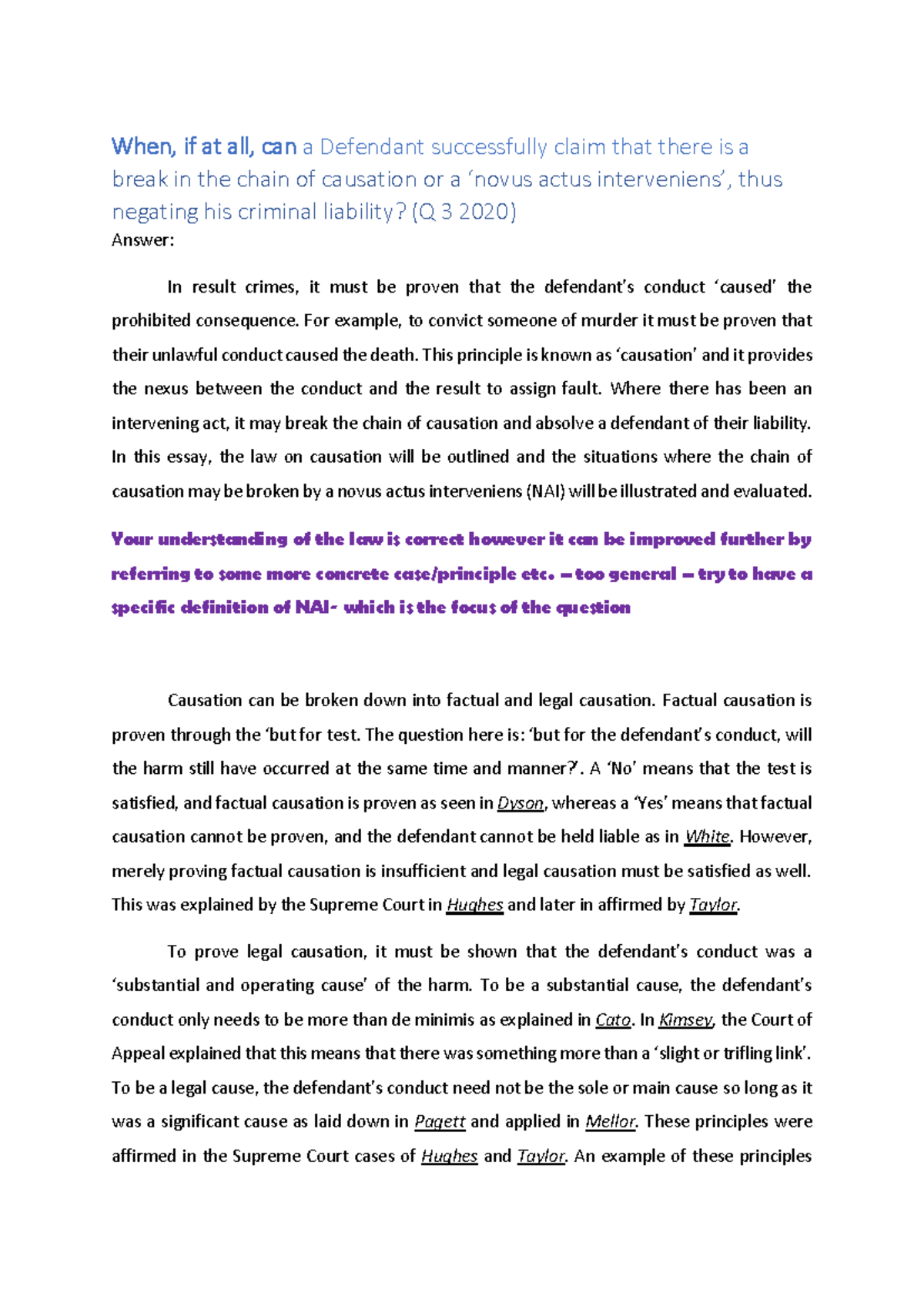 Causation and Novus Actus Interveniens: A Critical Analysis Essay - Studocu