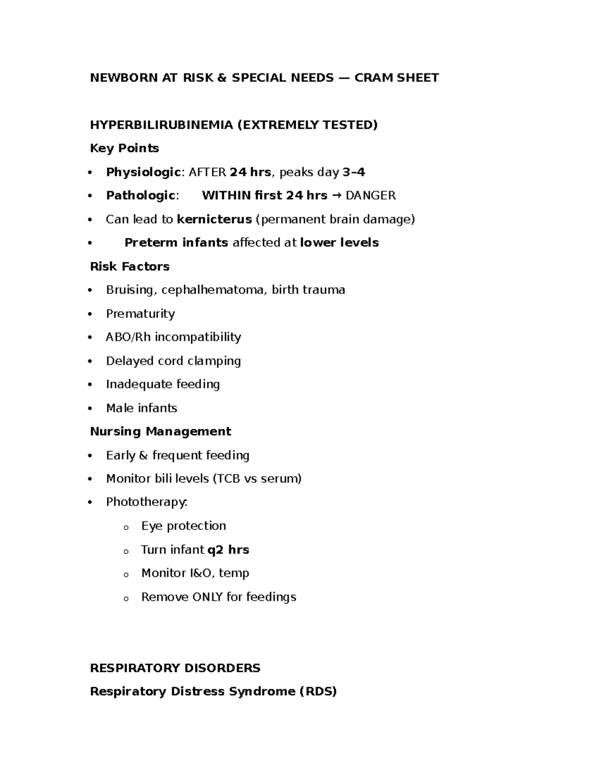 Ch 24-25 Cram Sheet: Newborn at Risk & Special Needs - Studocu