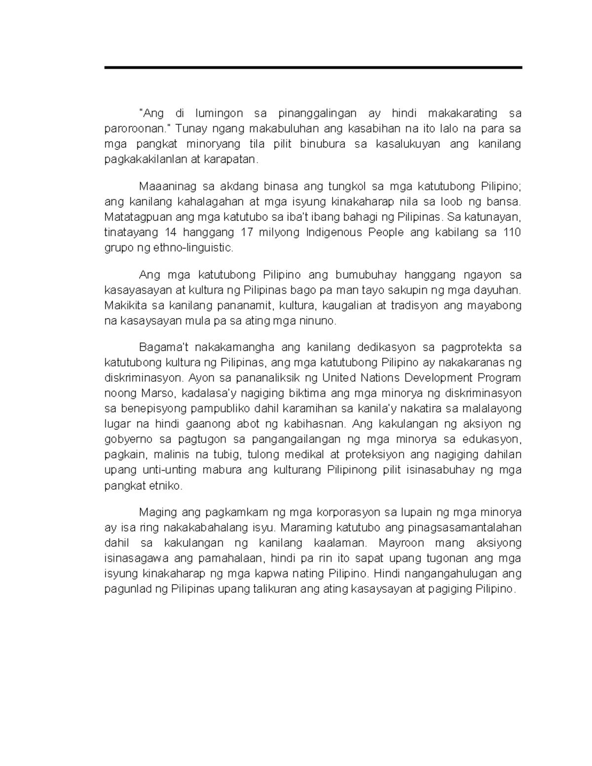 Salaysay tungkol sa karapatan ng Pangkat Minorya - “Ang di lumingon sa ...
