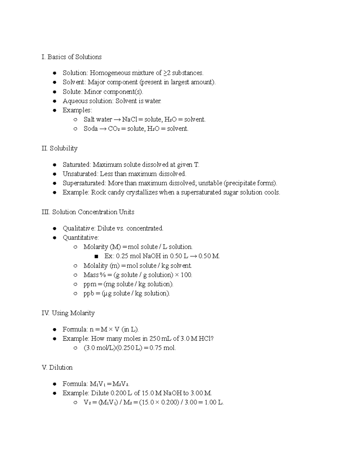 Chem 104 Unit 4 - Solutions, Concentration, and Reactions - Studocu