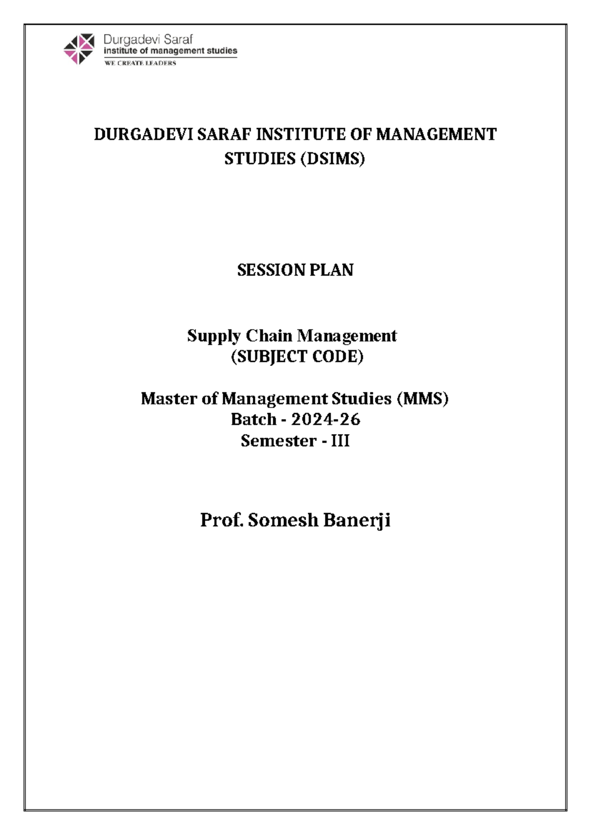 MMS Session Plan: Supply Chain Management Overview and Details - Studocu