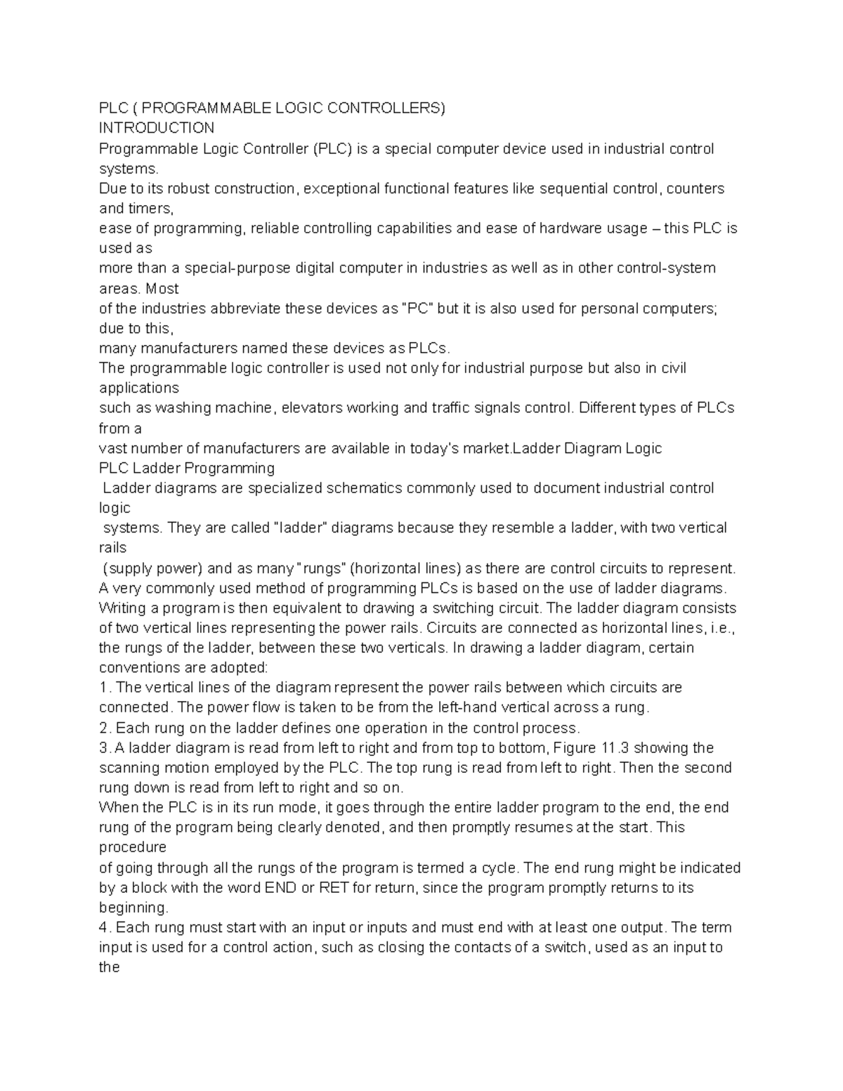 PLC ( Programmable Logic Controllers) - PLC ( PROGRAMMABLE LOGIC CONTROLLERS) INTRODUCTION - Studocu