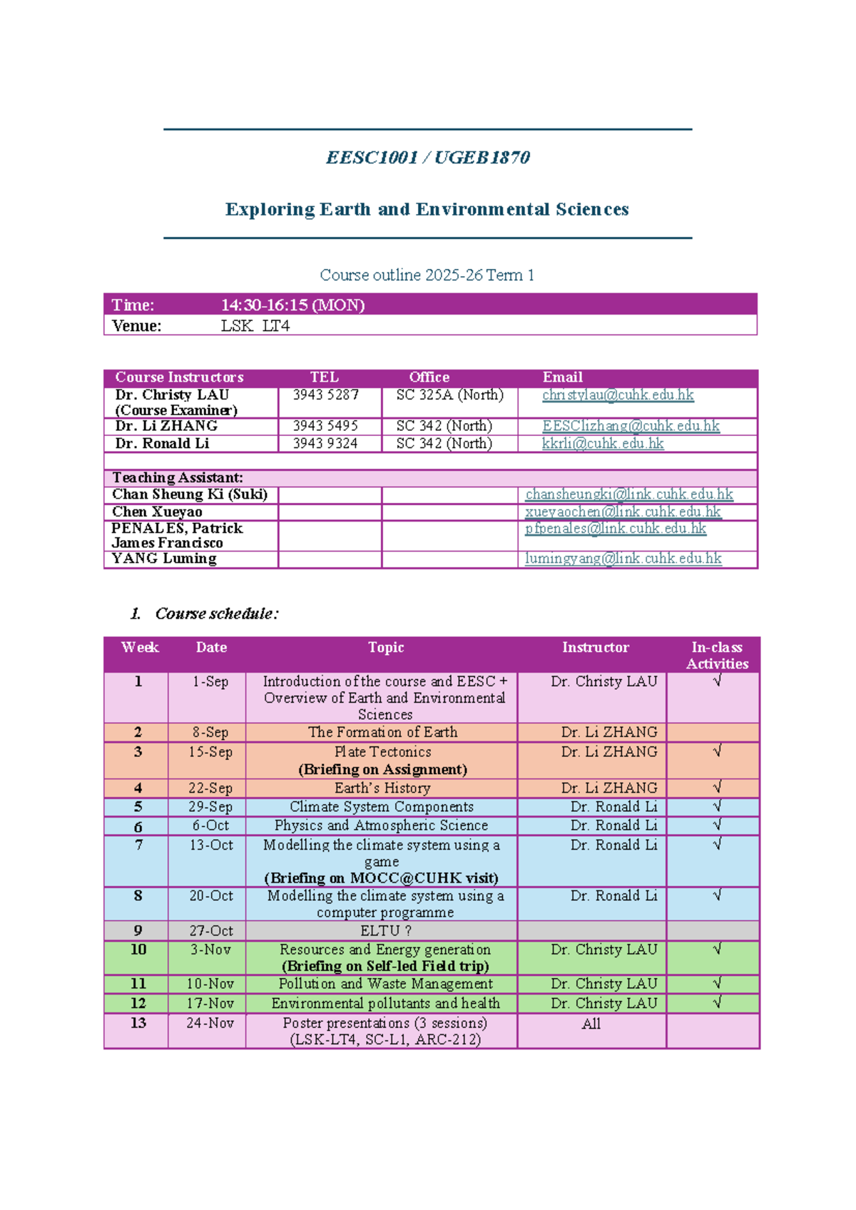 EESC1001 UGEB1870 - Earth and Environmental Sciences Course Outline ...