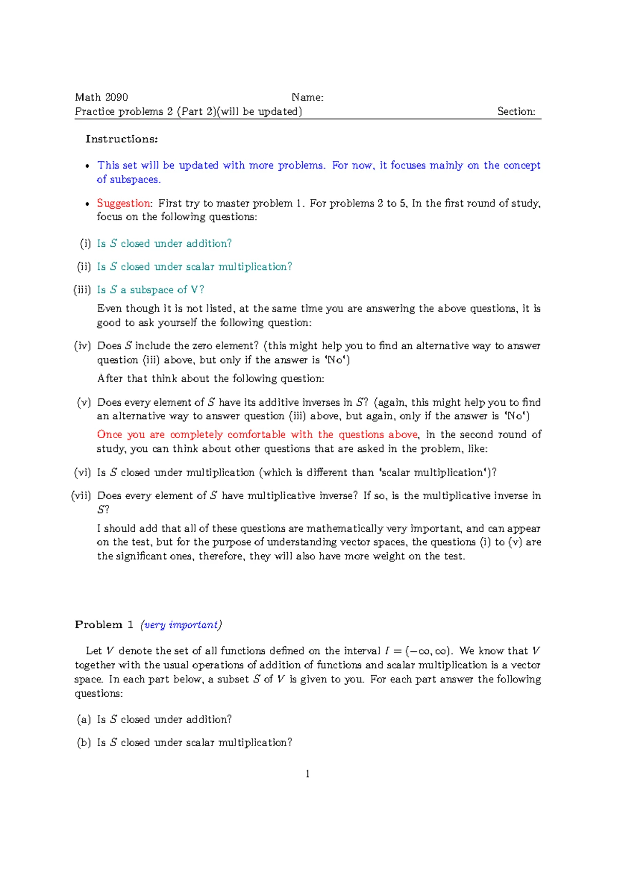 Practice Problems On Vector Spaces And Linear Dependence For Test 3