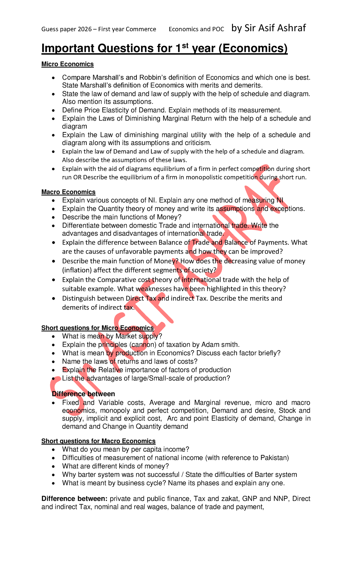Guess Paper 2026: Important Economics Questions for 1st Year Commerce ...