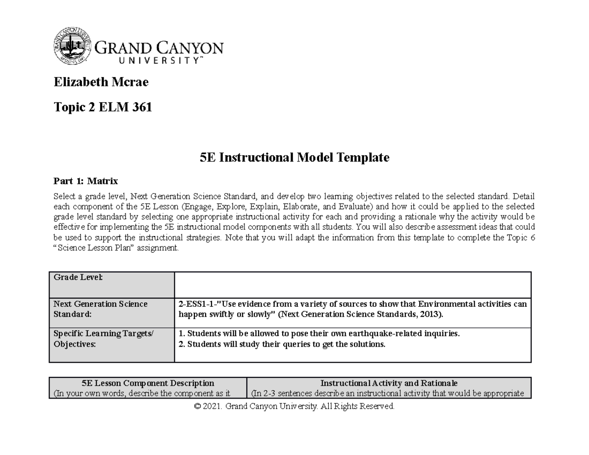 ELM 361 RS 5E Instructional Model - Elizabeth Mcrae Topic 2 ELM 361 5E ...