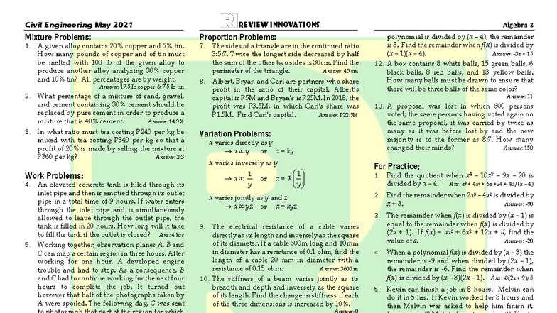 Algebra 3 Review: Mixture, Proportion, and Variation Problems - May ...