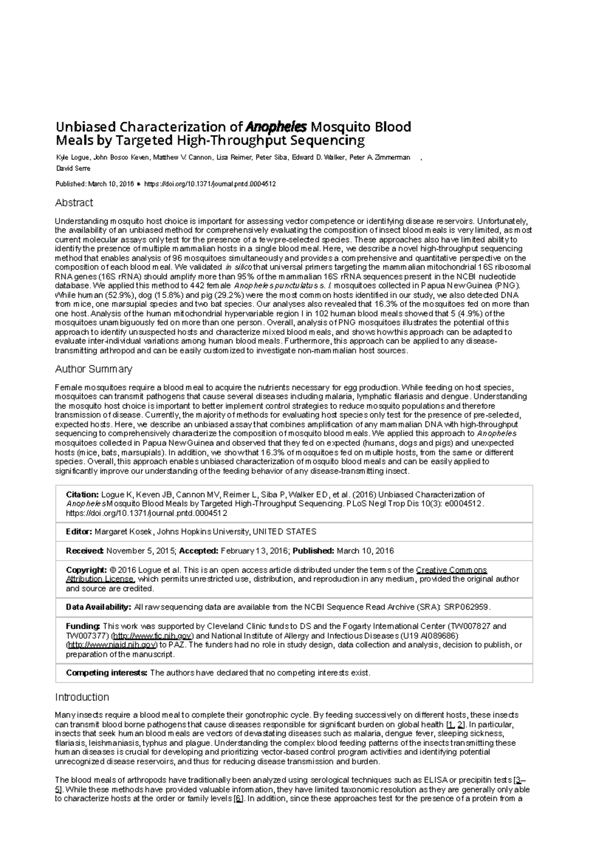 Unbiased Characterization of Anopheles Mosquito Blood Meals: Targeted ...