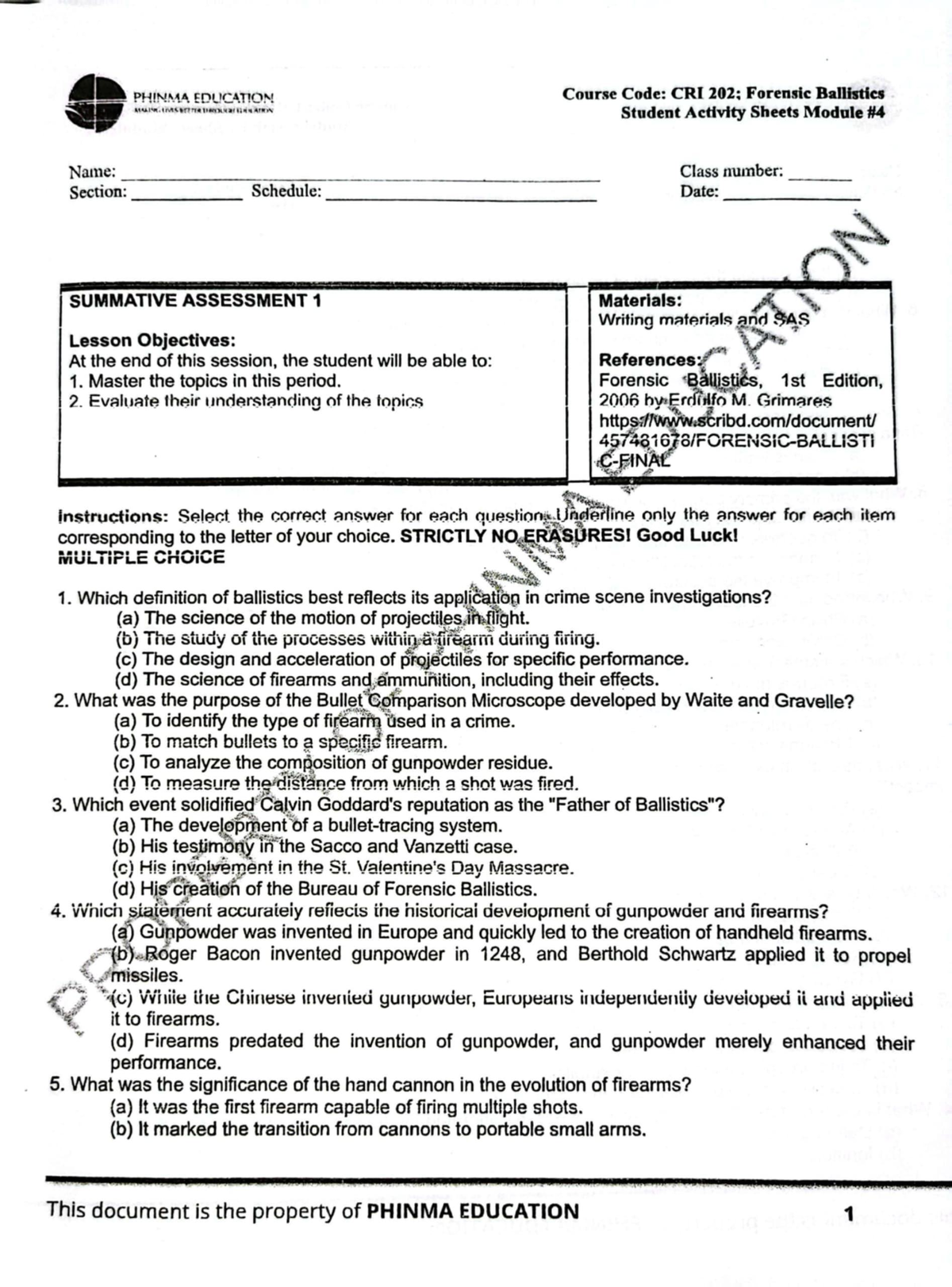 Forensic Ballistics Student Activity Sheets - CRI Summative Assessment ...