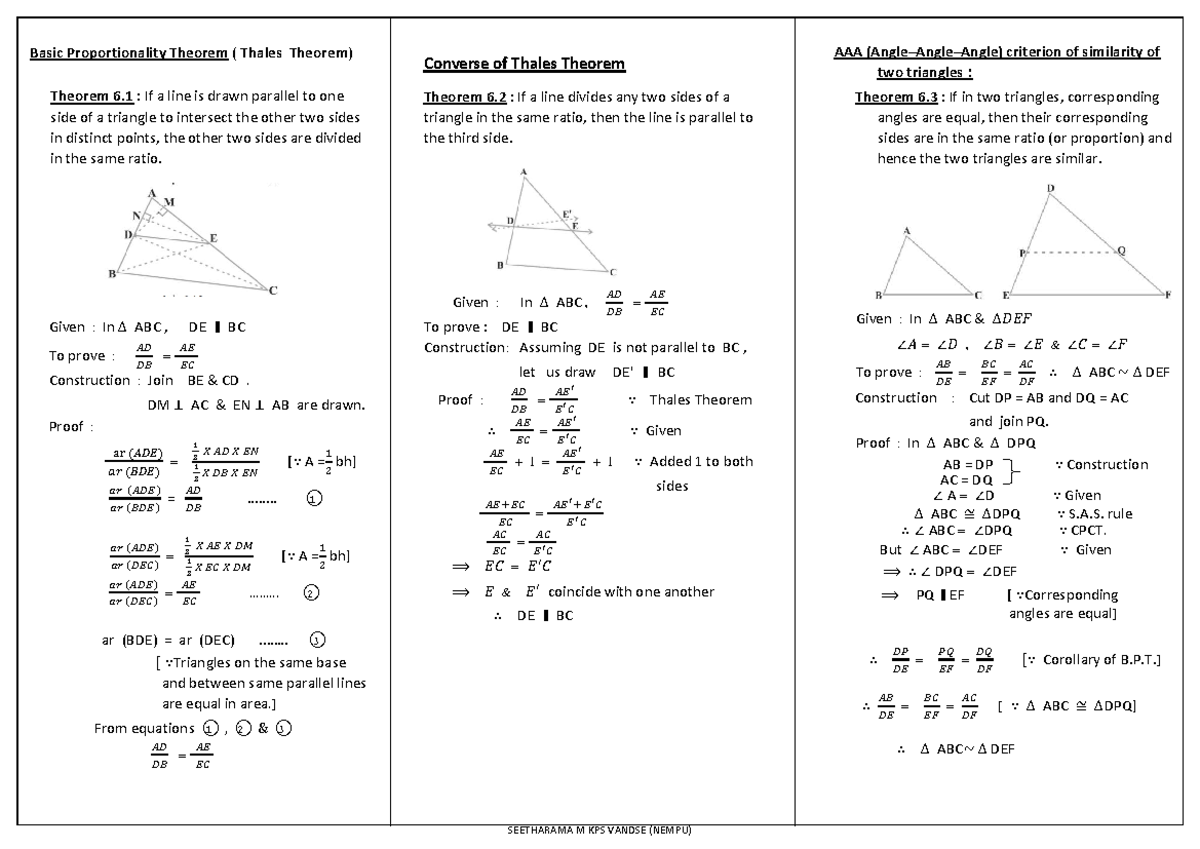 Basic Proportionality Theorem (Thales) - EM 1 Notes - Studocu