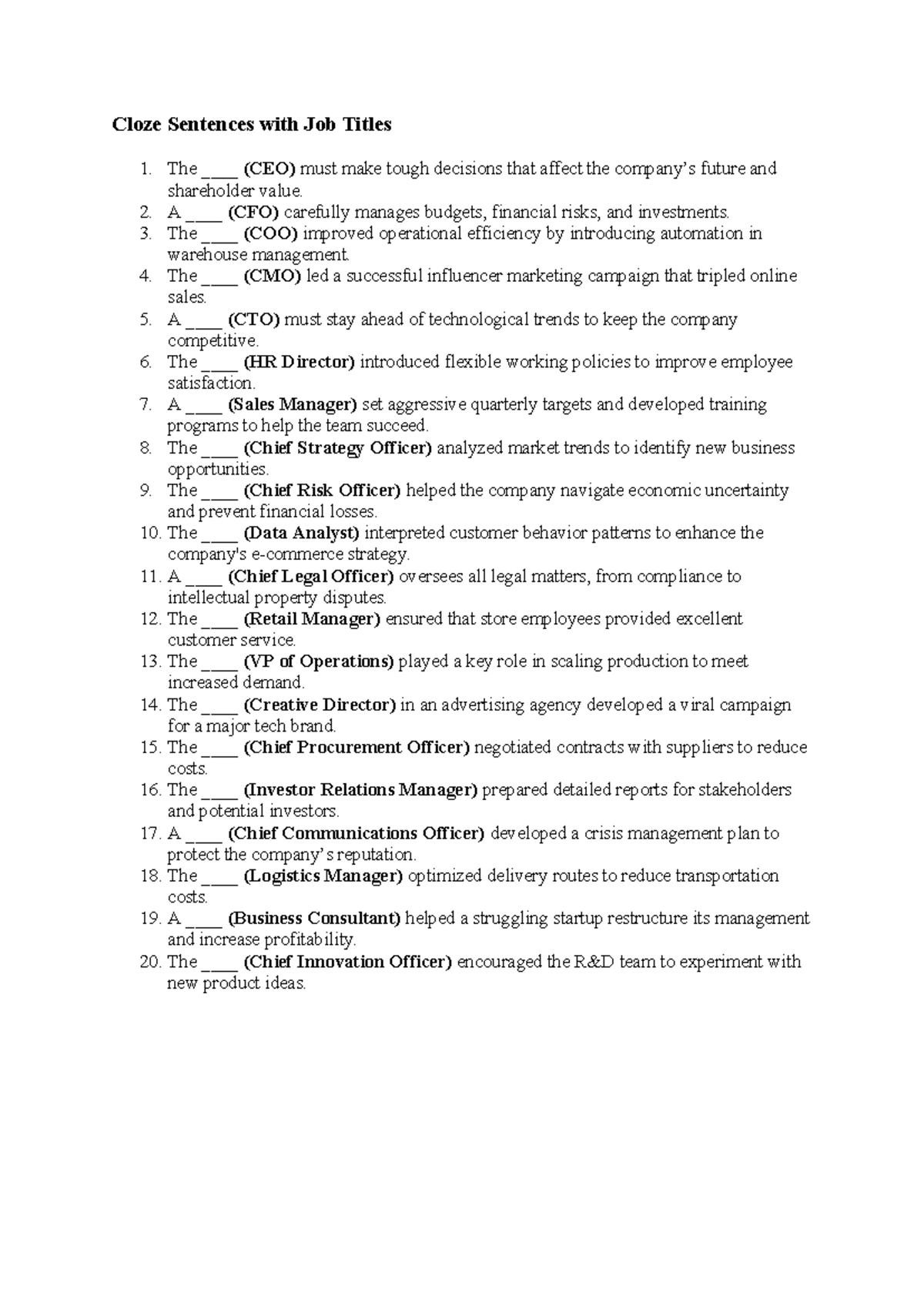 Cloze Sentences with Job Titles Solutions (Final Exam) - Studocu
