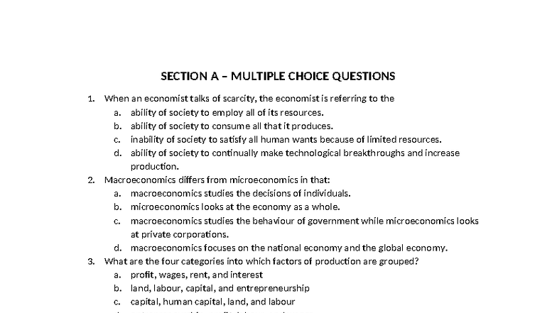 ECC101 Test Practice: Multiple Choice Questions on Economics - Studocu