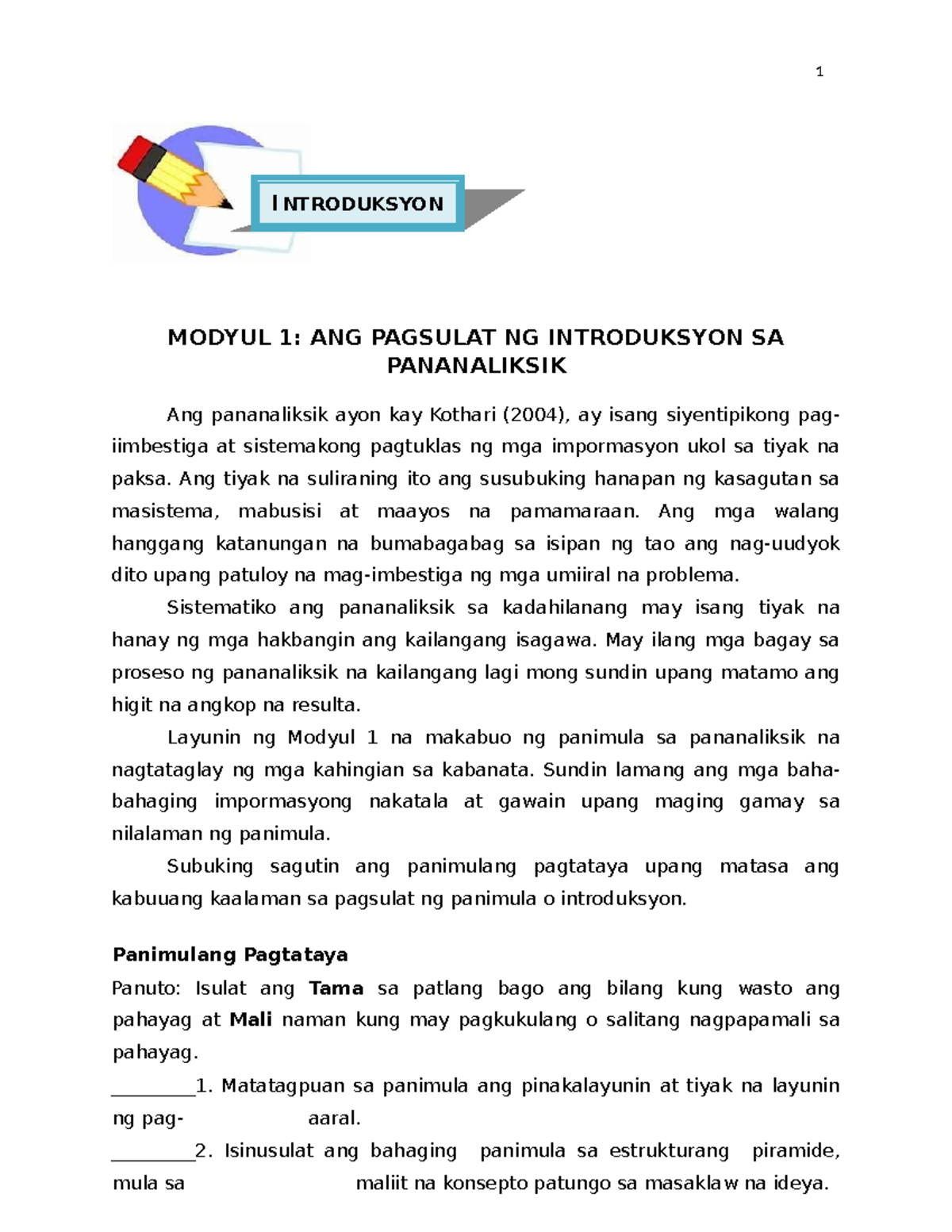 Modyul 1: Pagsulat ng Panimula sa Pananaliksik - Studocu