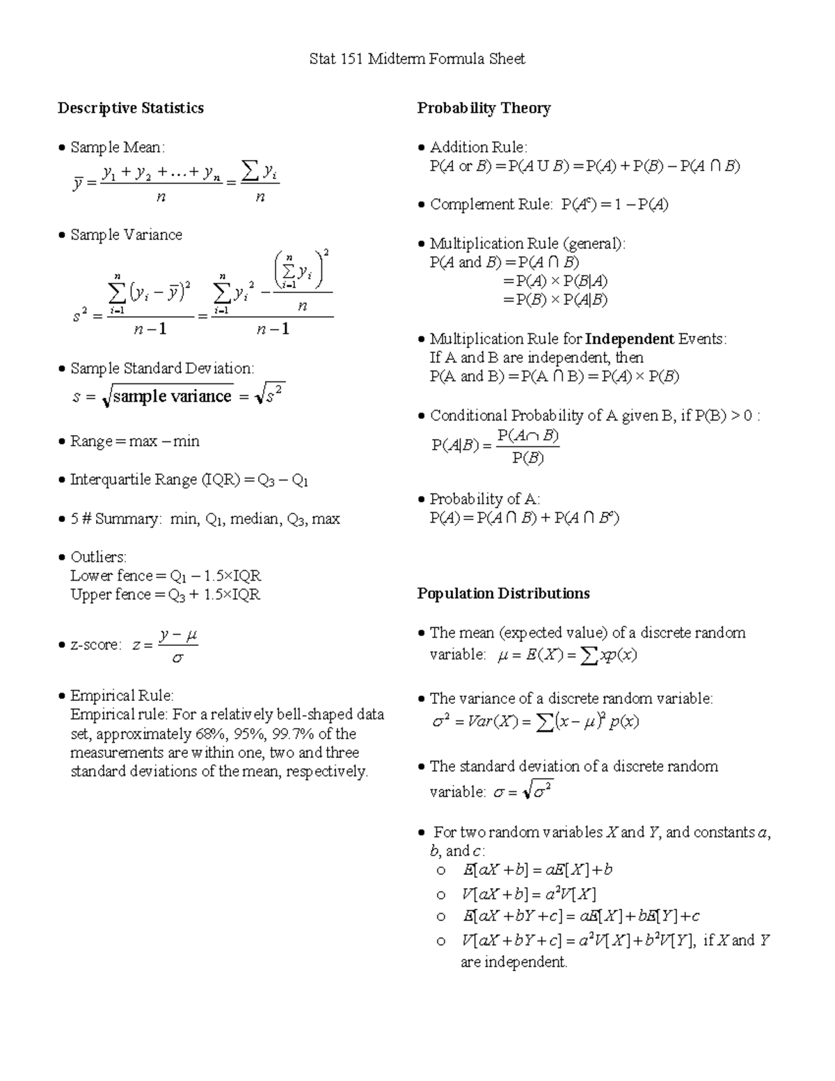 Stat 151 Midterm Formula Sheet - Essential Stats Concepts - Studocu