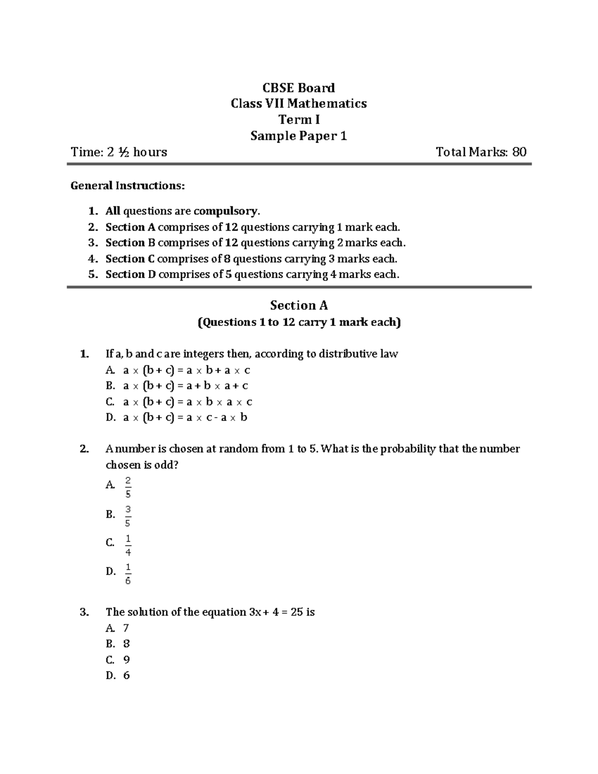 Class VII Mathematics Sample Paper 1 - Term I (CBSE) - Studocu
