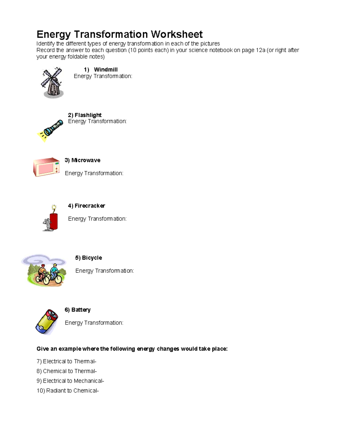 Energy Transformation Worksheet: Types & Examples of Energy Changes ...