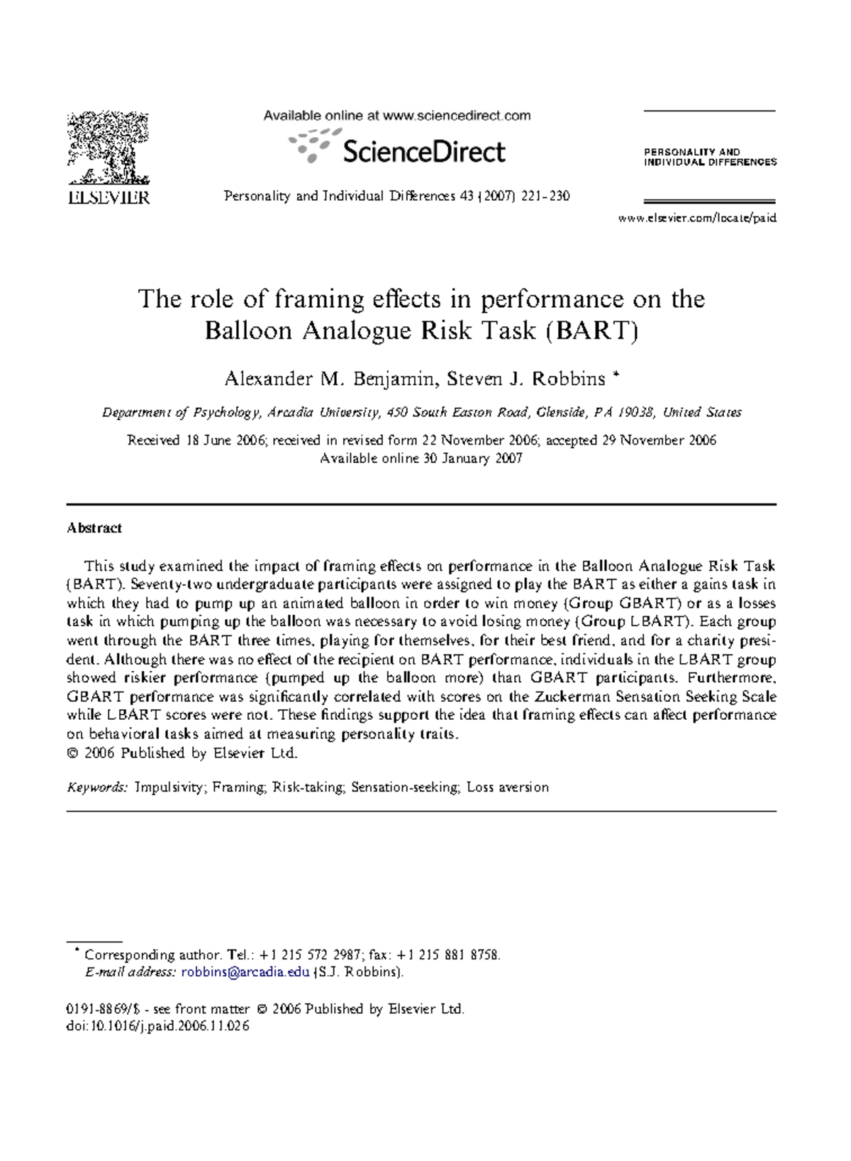 Framing Effects and Risk Behavior in the BART Task: A Study (PSY 101 ...