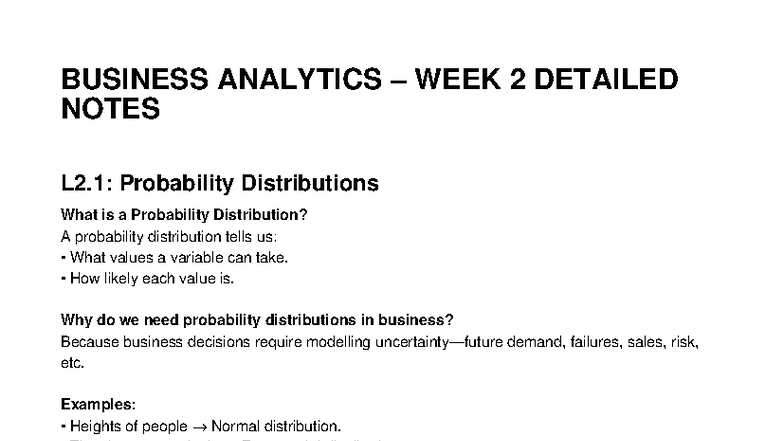 Business Analytics L2.1: Probability Distributions Detailed Notes - Studocu