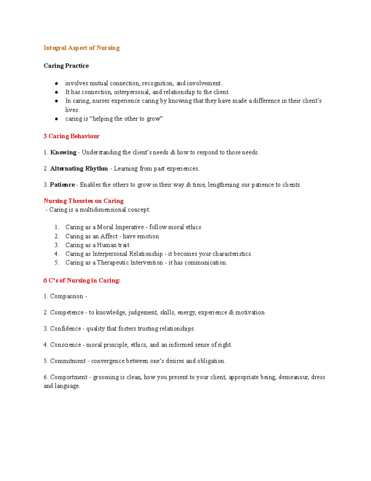 NUR 101: Integral Aspects of Caring in Nursing Practice - Studocu