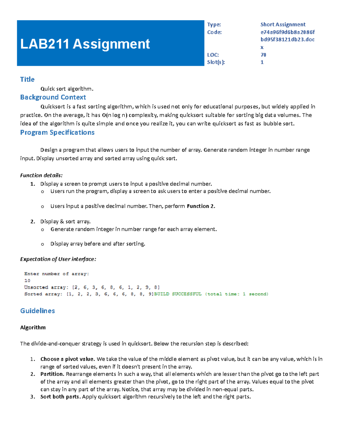 LAB211 Short Assignment: Quick Sort Algorithm Overview and Implementation - Studocu