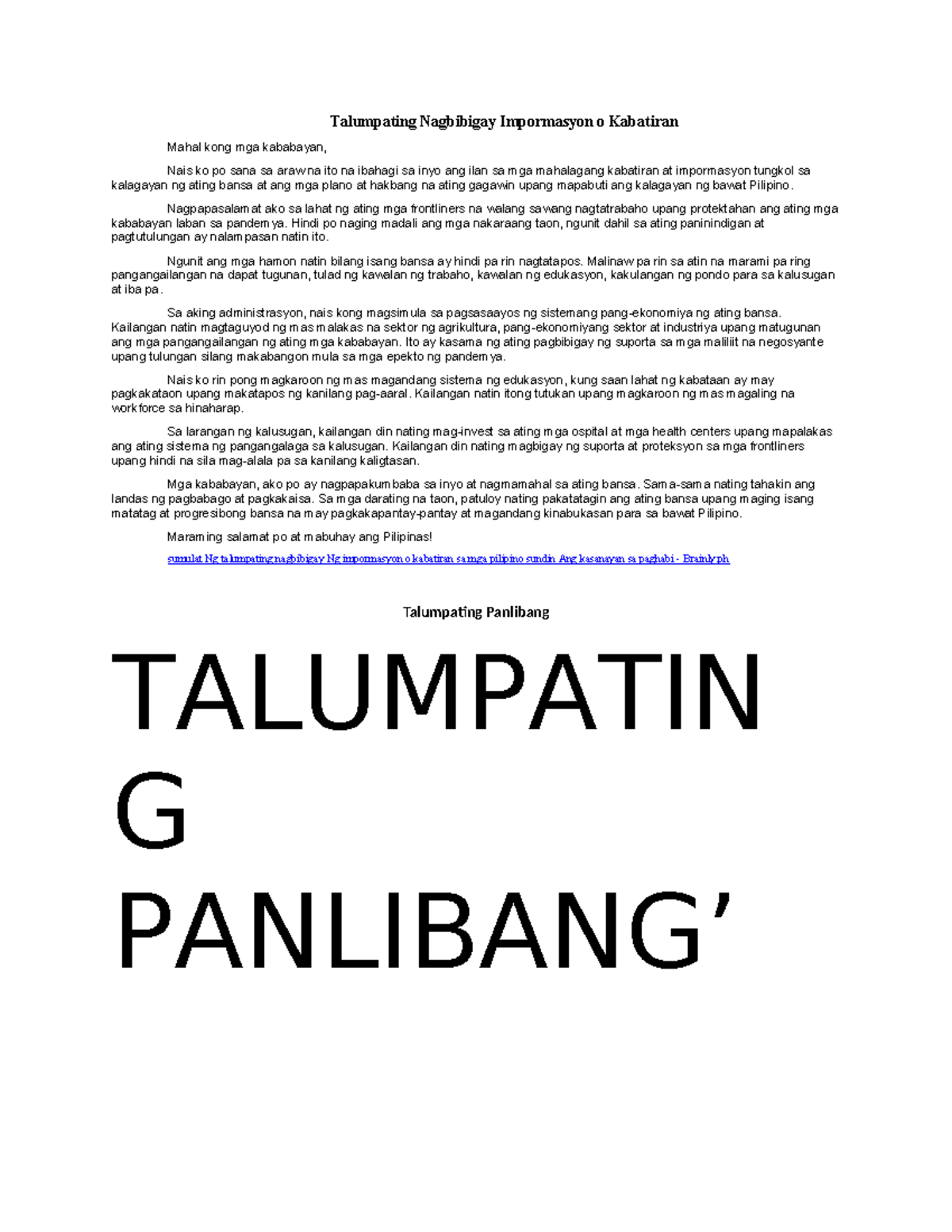 MGA Talumpati sa Pagsusuri ng Kabataan at Kalagayan ng Bansa - Studocu