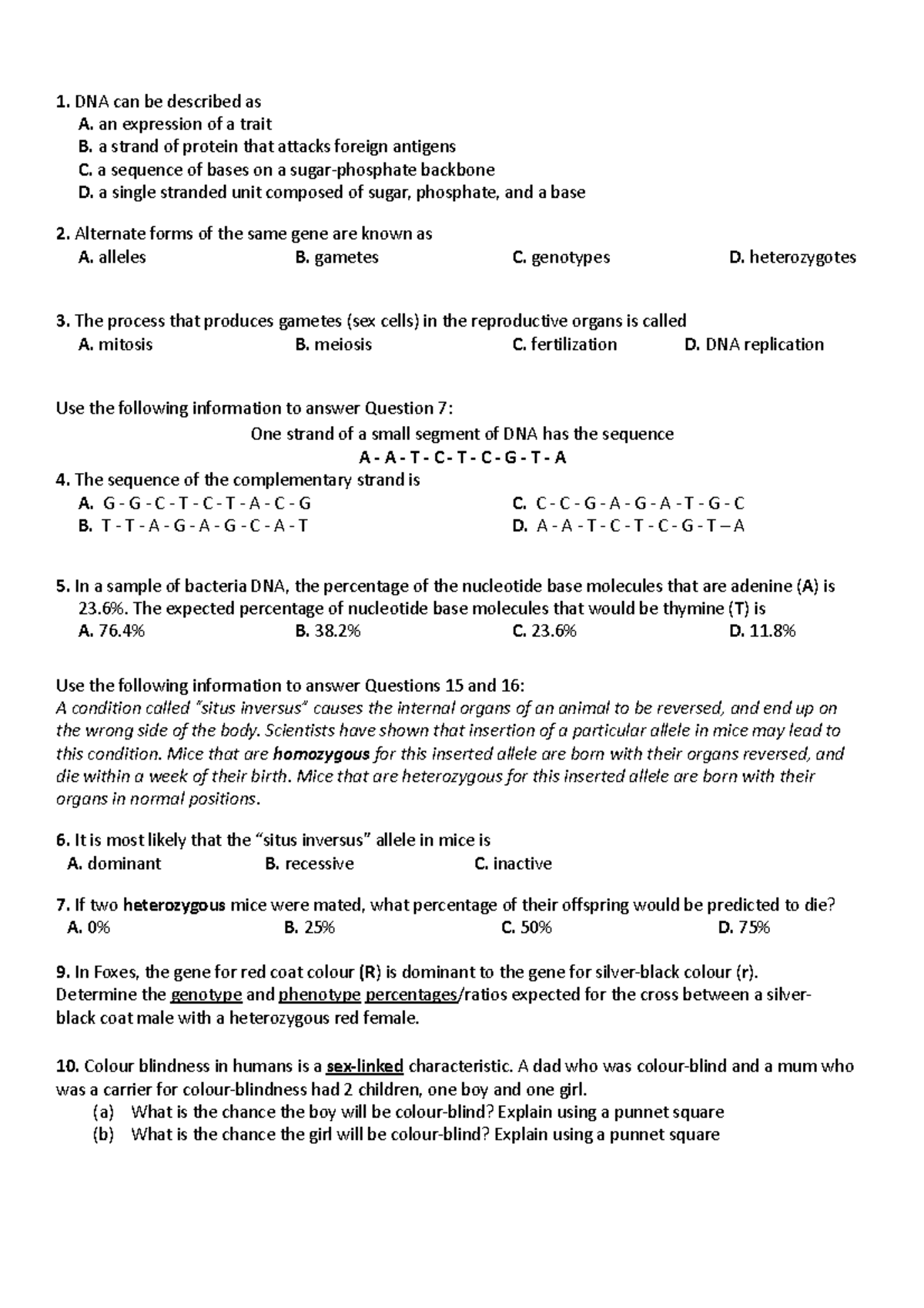 Genetics and Evolution Practice Test - 10 Science Questions - Studocu