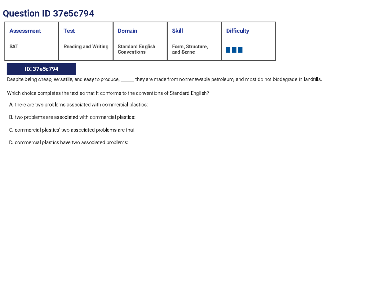 Standard English Conventions Assessment Test (SAT Reading & Writing ...
