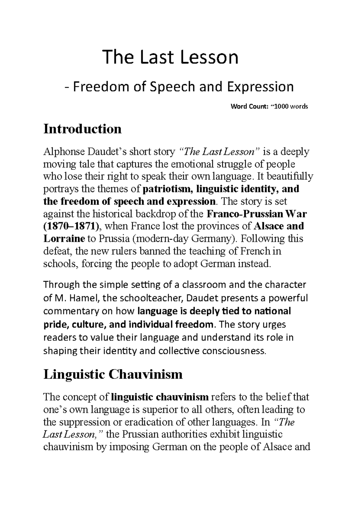 The Last Lesson (Final Exam) - Analyzing Freedom of Speech & Language ...