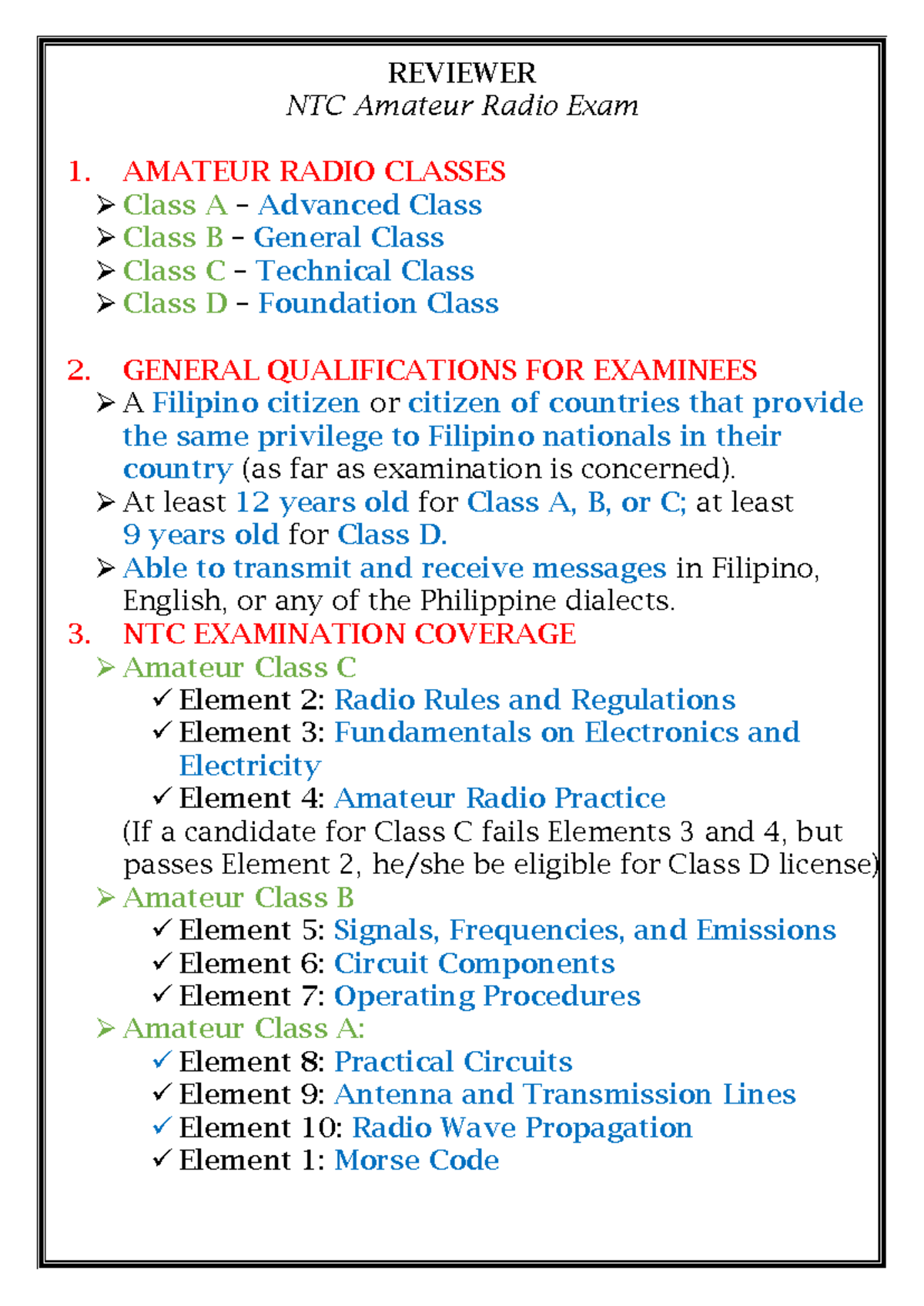 NTC Amateur Radio Examination Reviewer: Classes & Requirements - Studocu