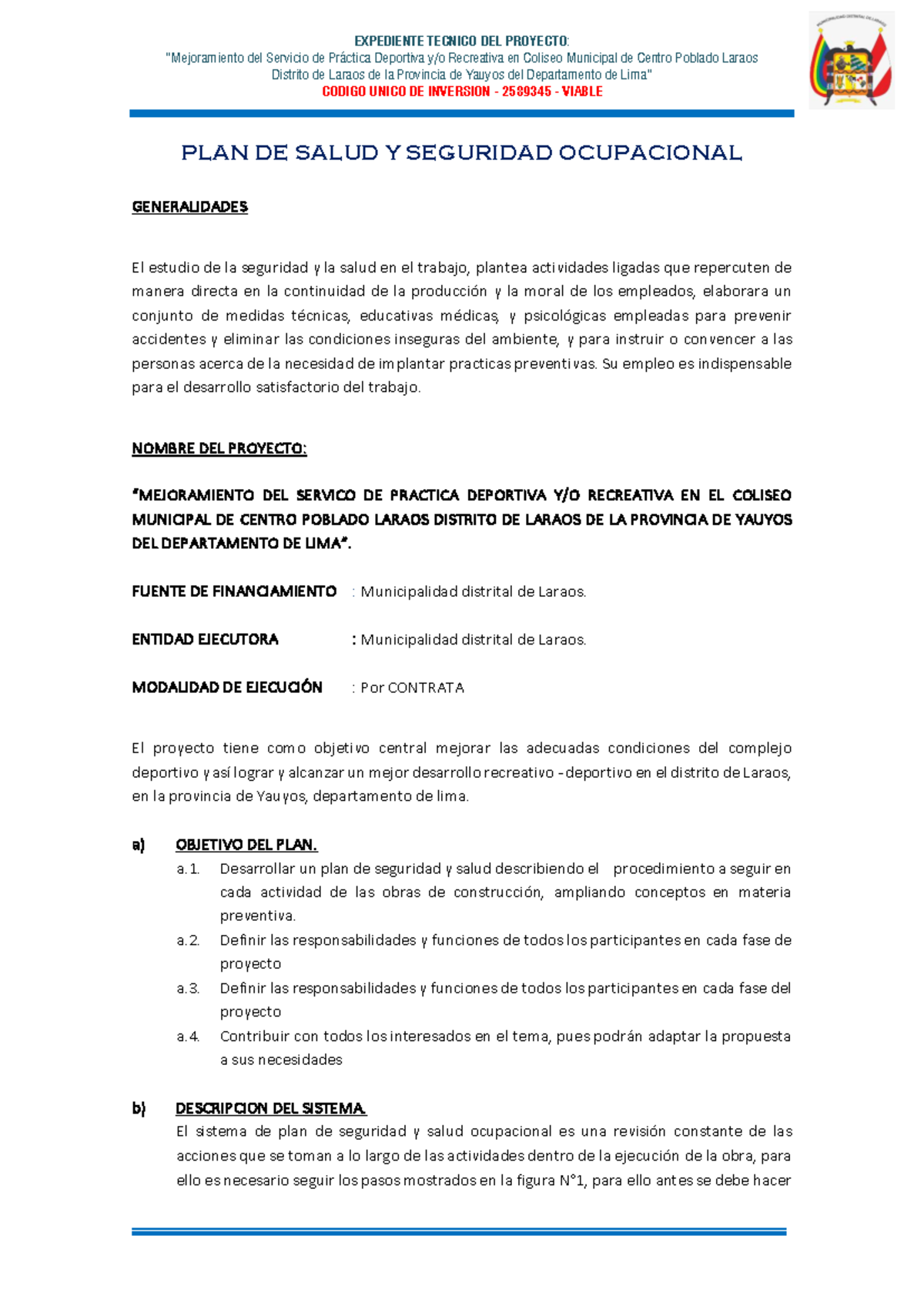 PLAN DE SALUD Y SEGURIDAD OCUPACIONAL - CODIGO UNICO DE INVERSION ...