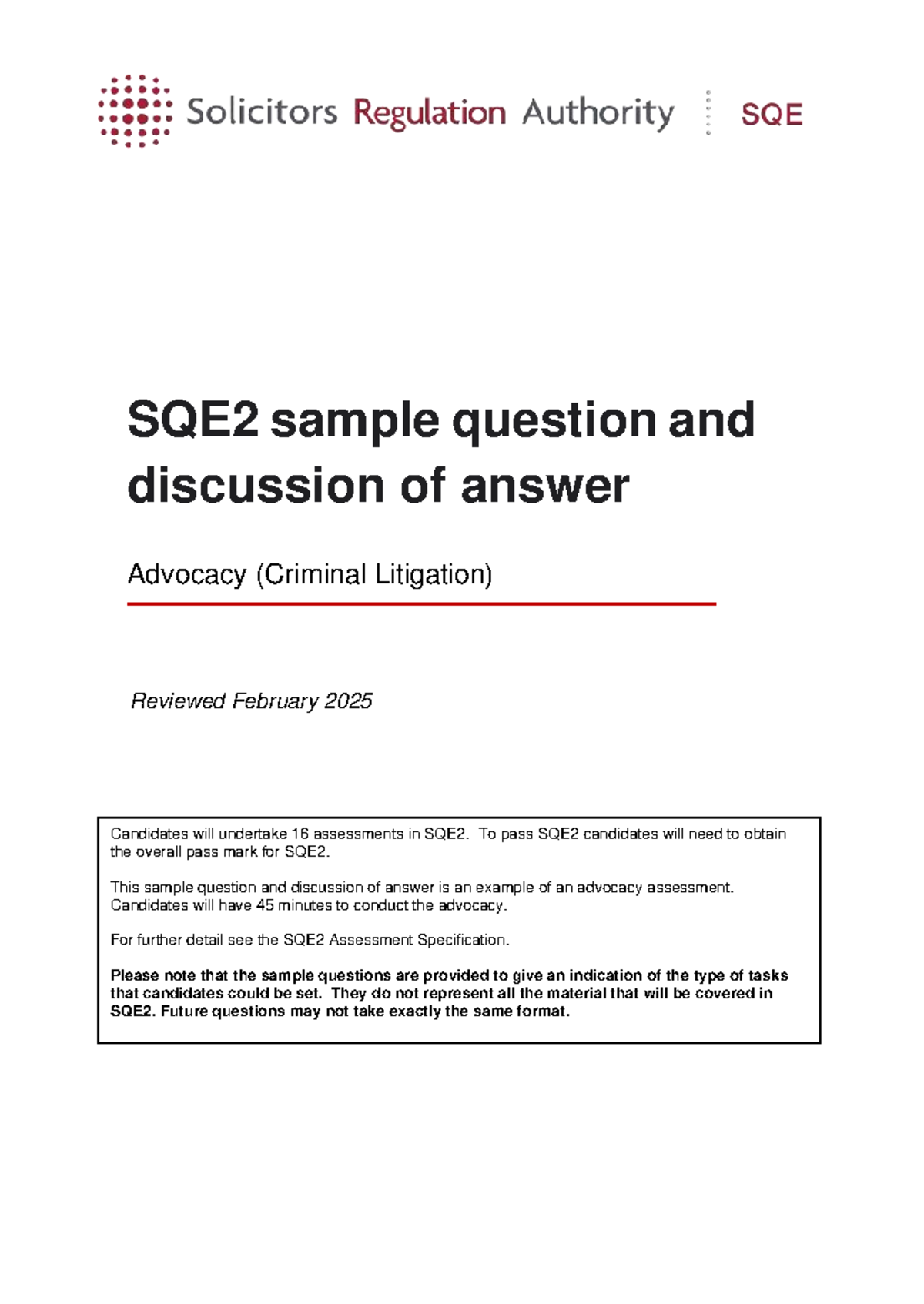 SQE2 Advocacy Assessment: Sample Questions & Answer Discussion - Studocu