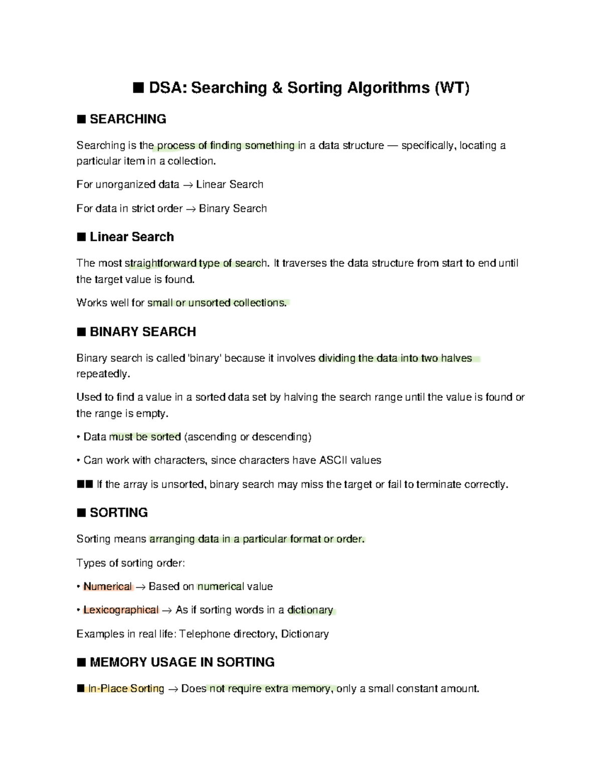 DSA: Searching and Sorting Algorithms - Lecture Notes W7-8 - Studocu