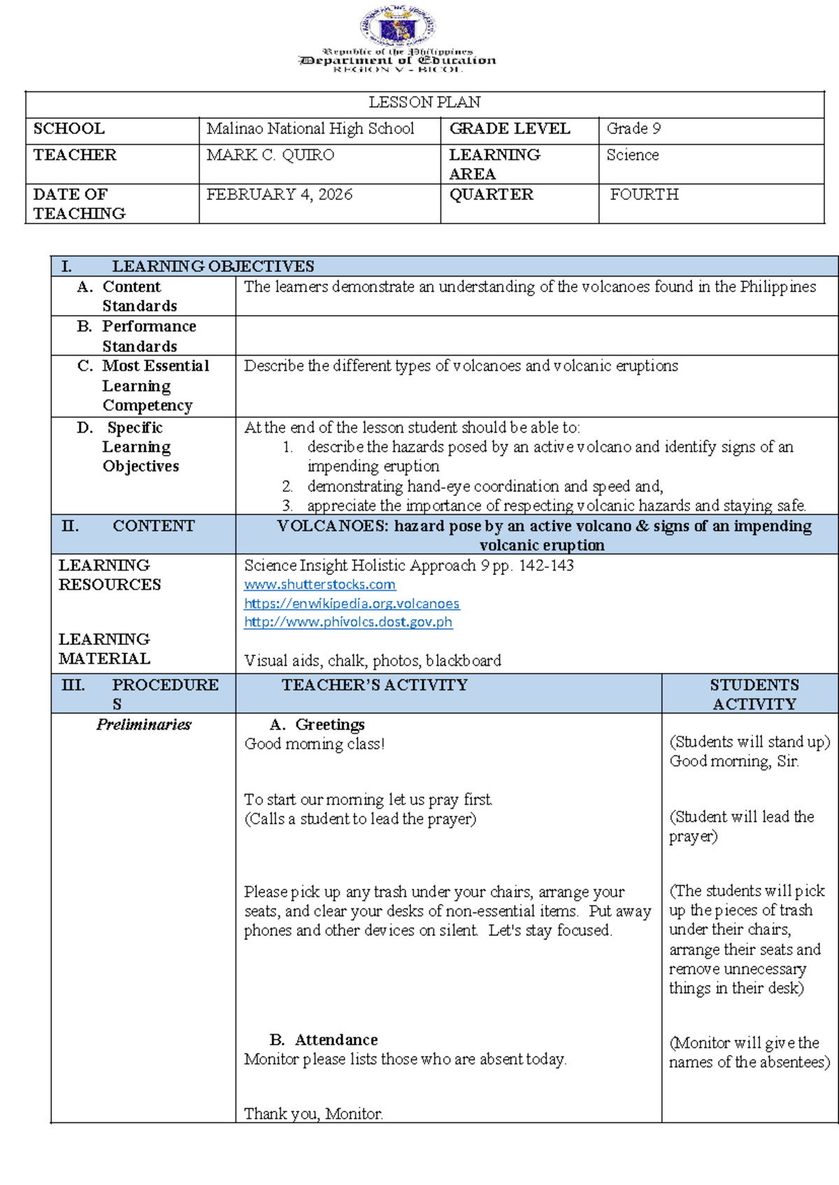 Grade 9 Science Lesson Plan: Volcano Hazards & Eruptions - Studocu