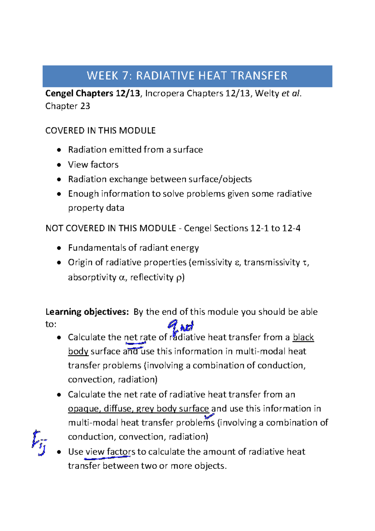 WEEK 7: RADIATIVE HEAT TRANSFER - Key Concepts & Calculations - Studocu