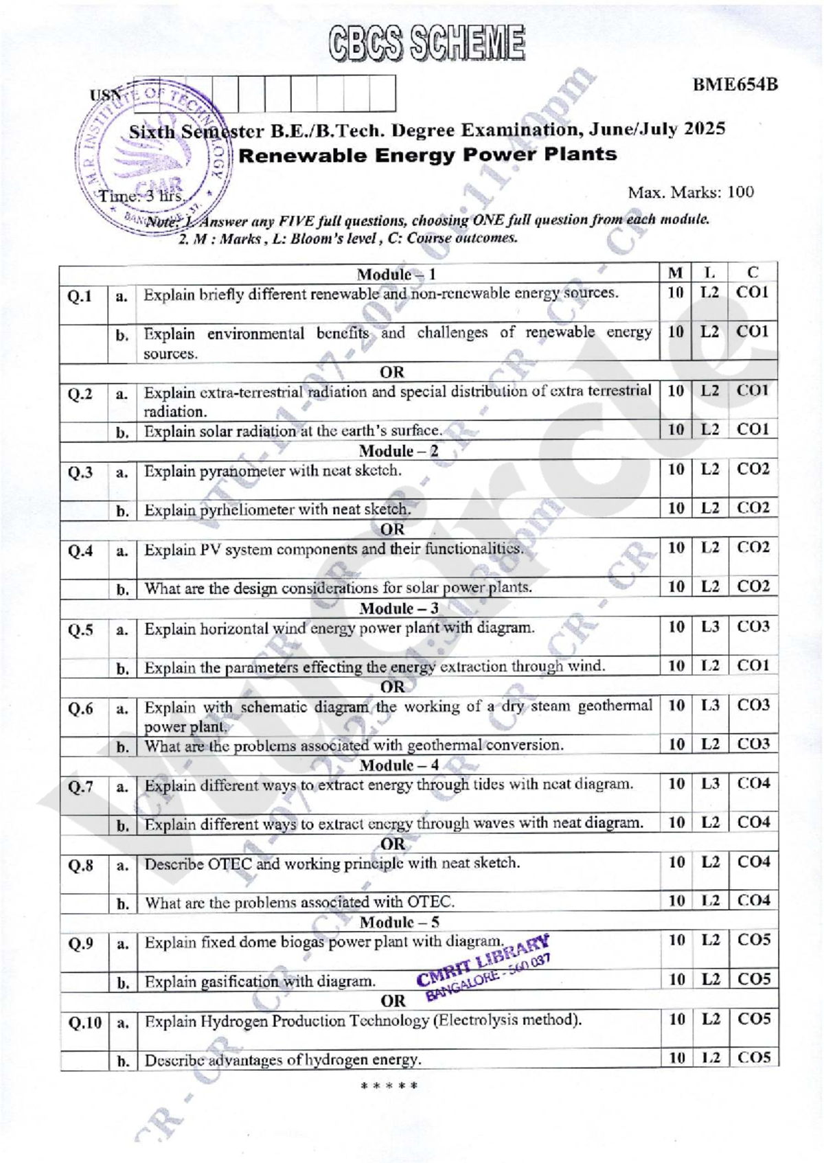 BME654B Renewable Energy Power Plants Exam - June 2025 - Studocu