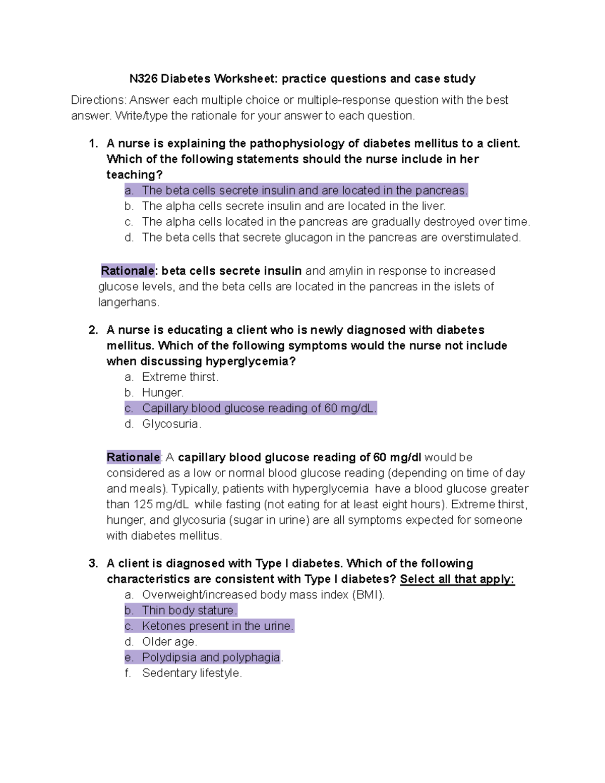 N326 Diabetes Worksheet: Practice Questions & Case Study Insights - Studocu