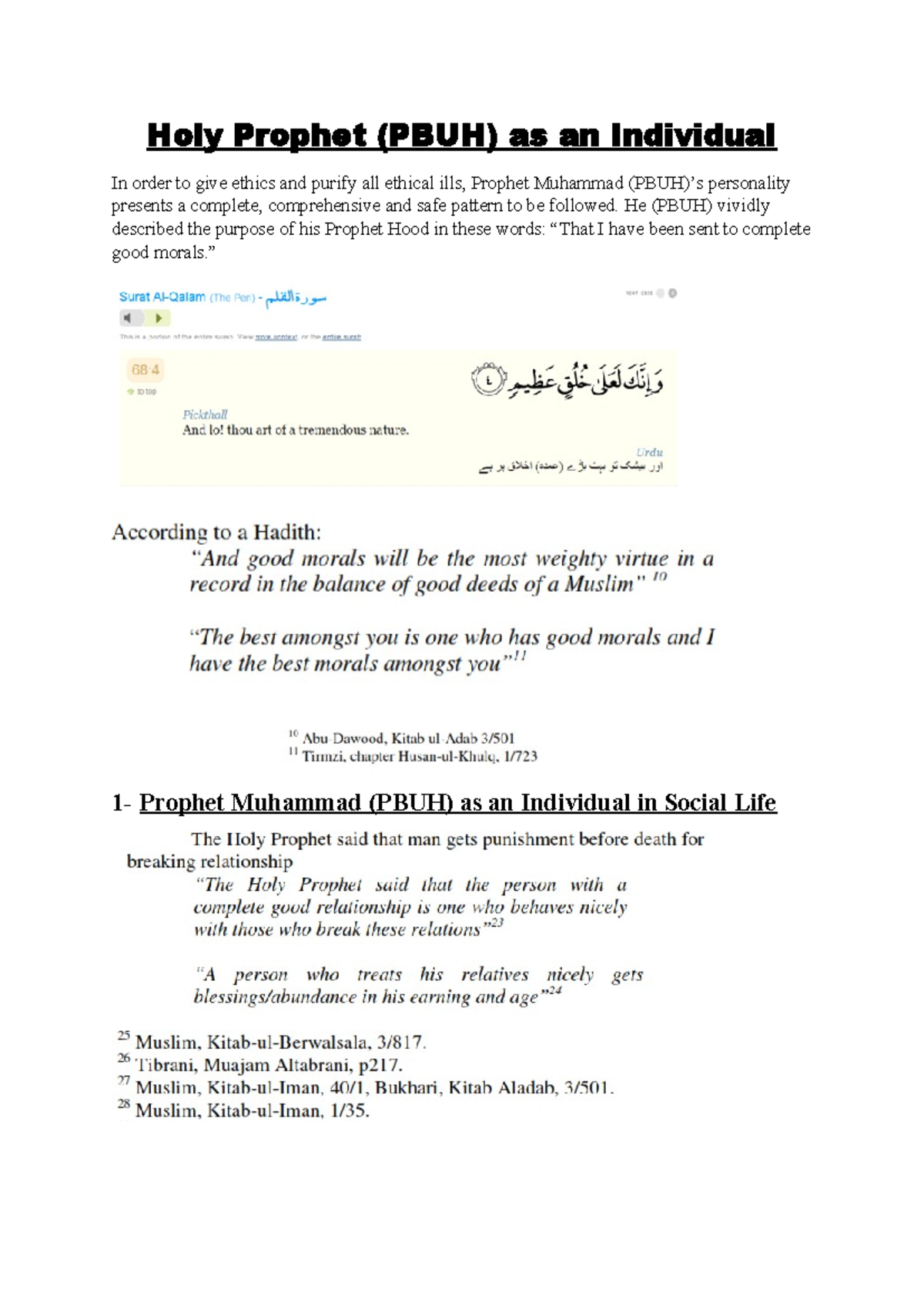 Islamic Studies (IS-101) Final Exam Notes: Lessons from Prophet ...